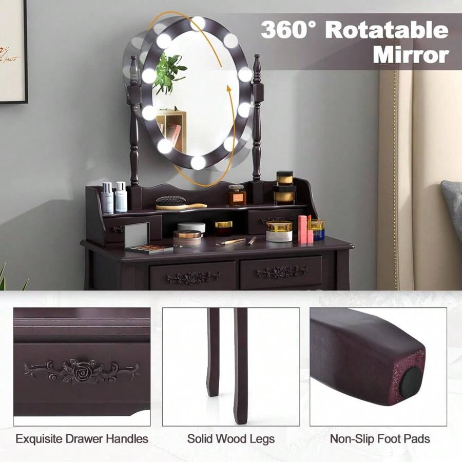 Girls Vanity Table With Lighted Mirror And Stool, 10 Dimmable Led ...