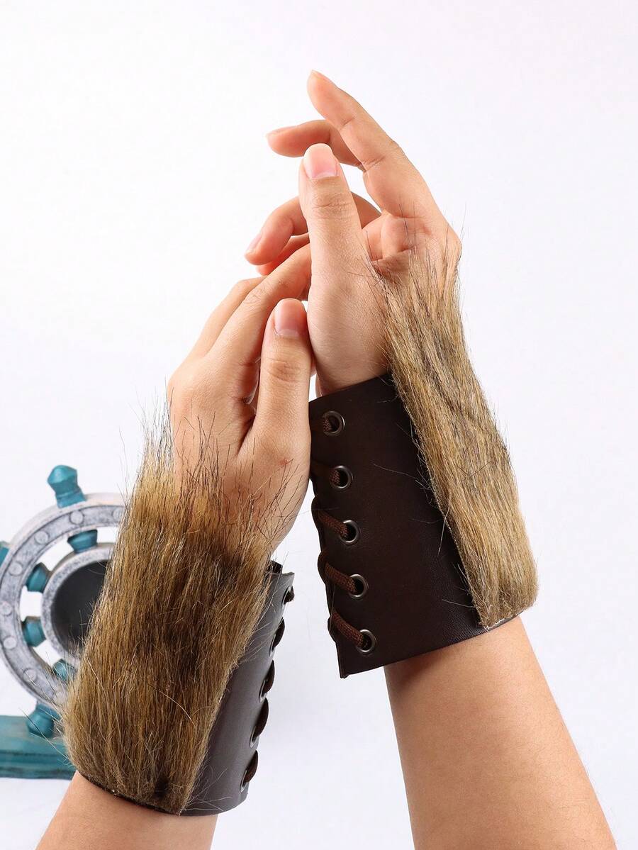 1 Pair Medieval PU Leather Armor Arm Warmers Fur Trim Bracer Lace-Up ...