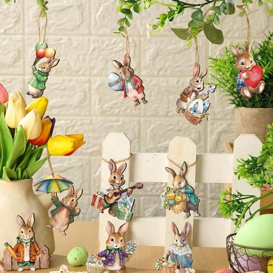 12pcs Wooden Easter Bunny Ornaments For Spring Tree Decorations ...