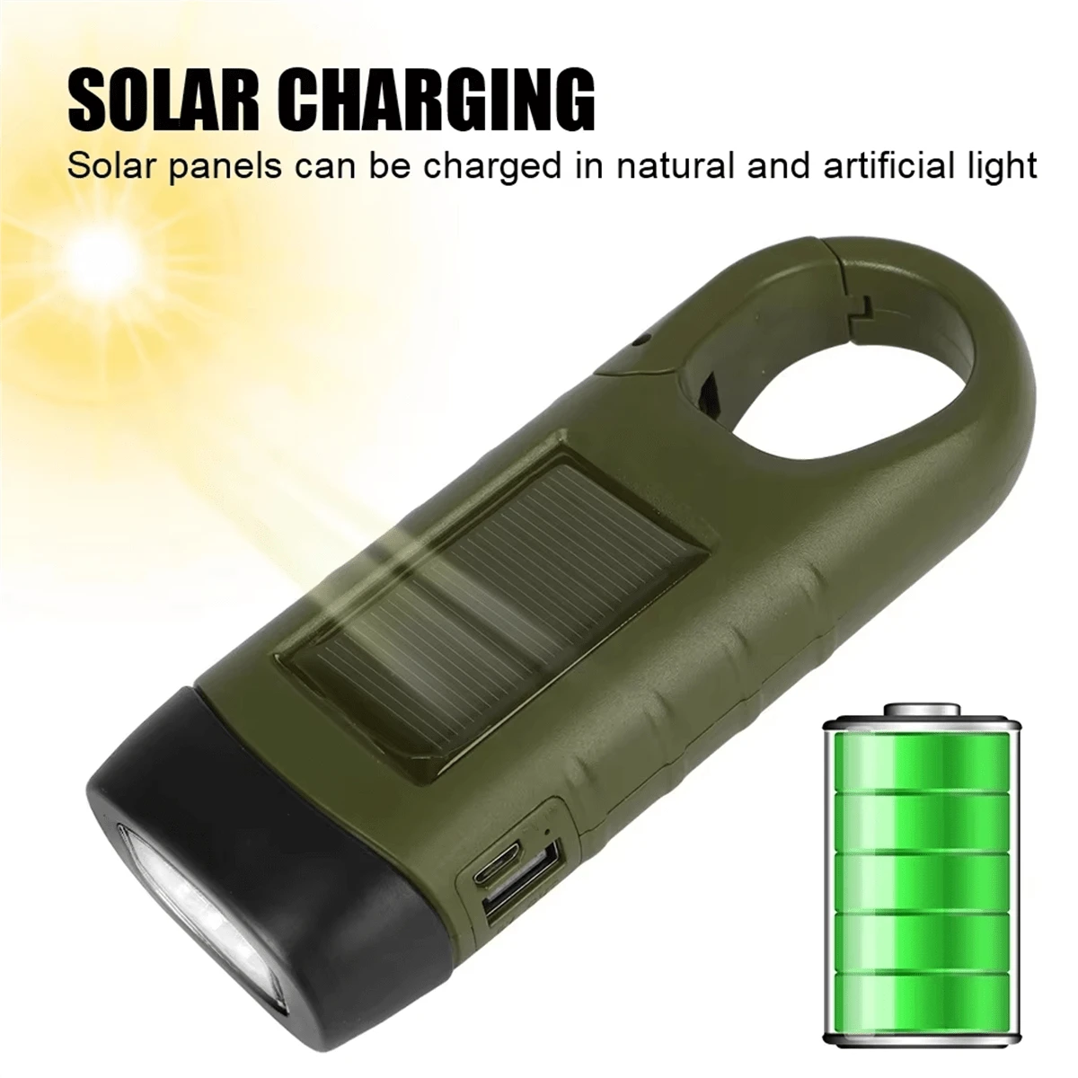 LED Flashlight Hand Crank Solar Powered Rechargeable Survival Gear Self Powered Charging Torch ...