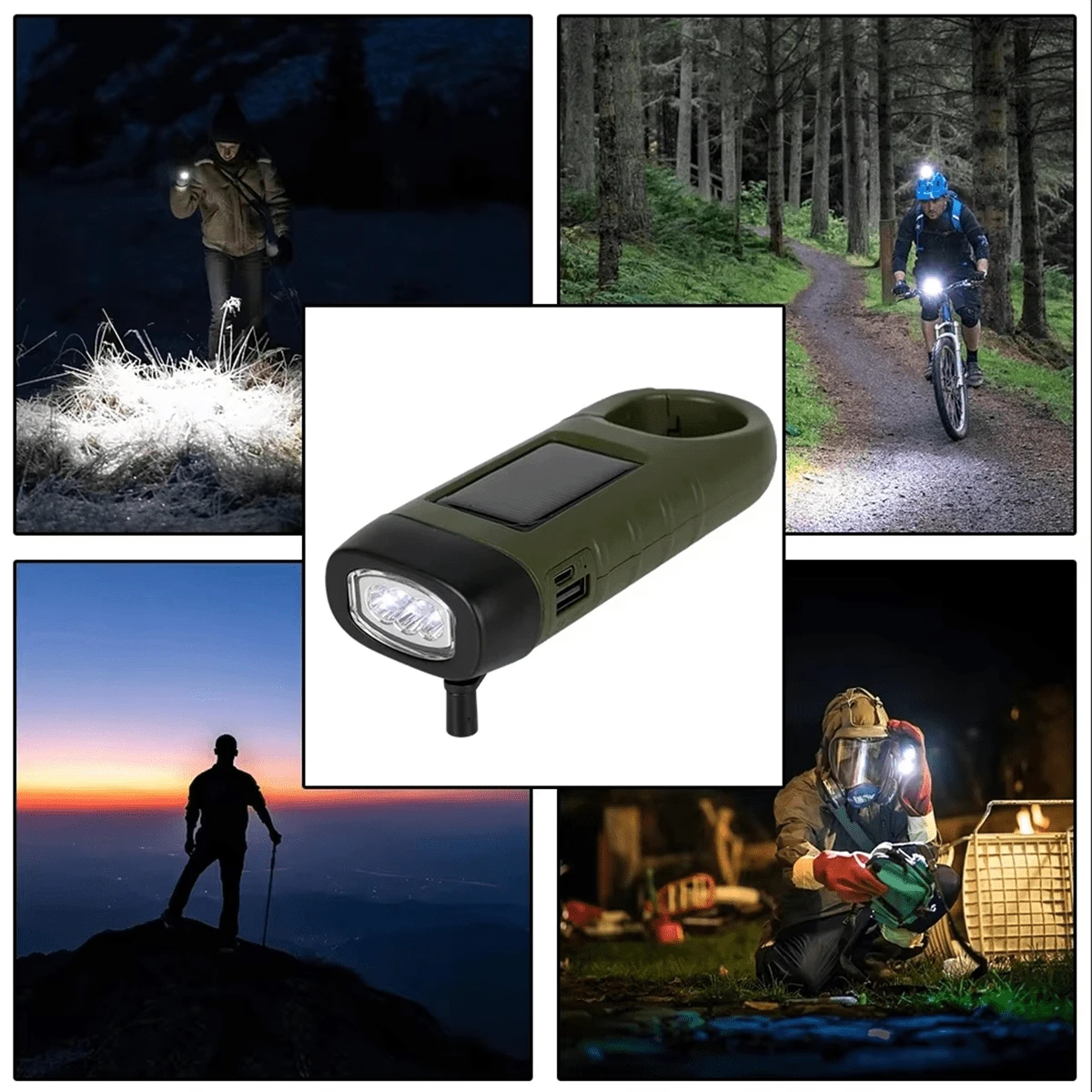 LED Flashlight Hand Crank Solar Powered Rechargeable Survival Gear Self Powered Charging Torch ...