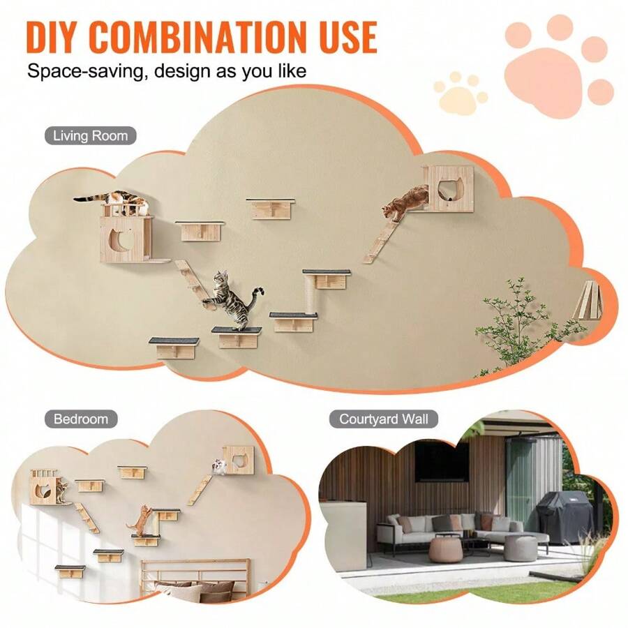 Set Of 9 Wall Mounted Cat Shelves Tree With Jumping Boards, Nests, And ...