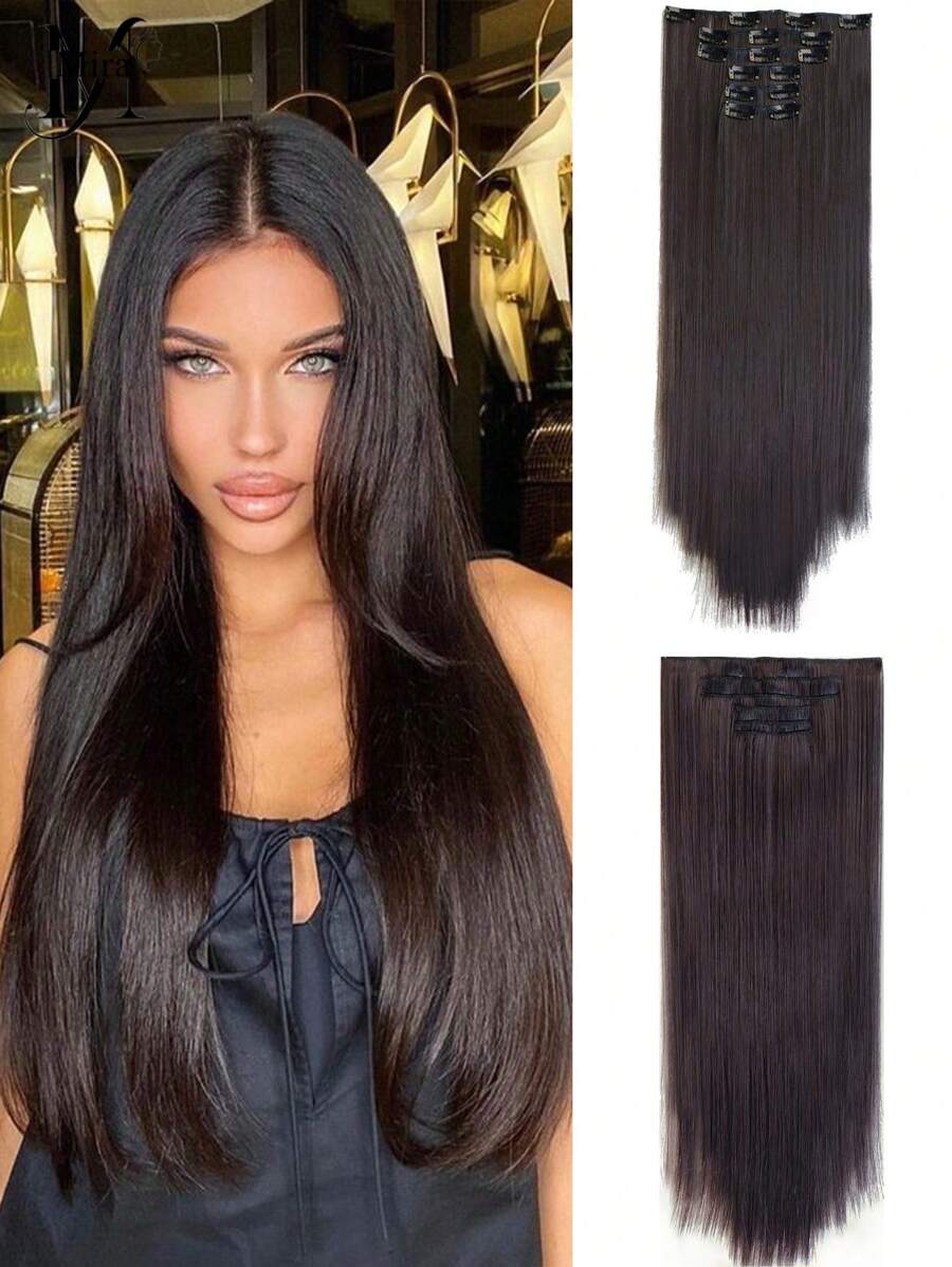 Clip Style Hair Extensions, 6PCS 24 "Black Brown Long Hair, With Bright ...
