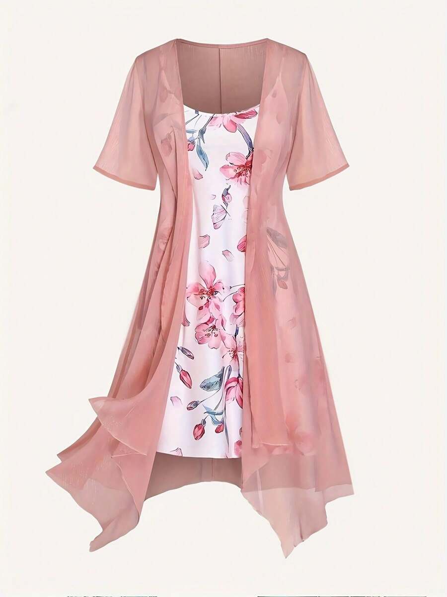 Women's Plus Size Floral Print Plus Size Two-Piece Set Short Sleeve ...