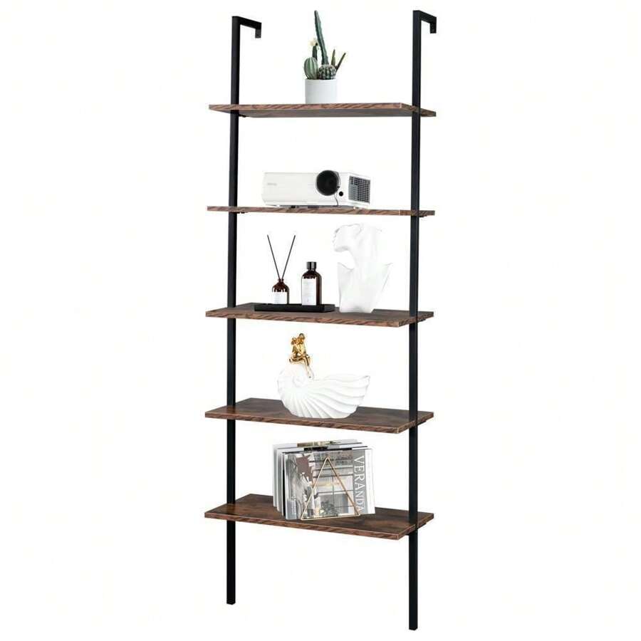 71-Inch Tall Modern 5-Shelf Wood Ladder Bookcase - Open Wall Mount ...