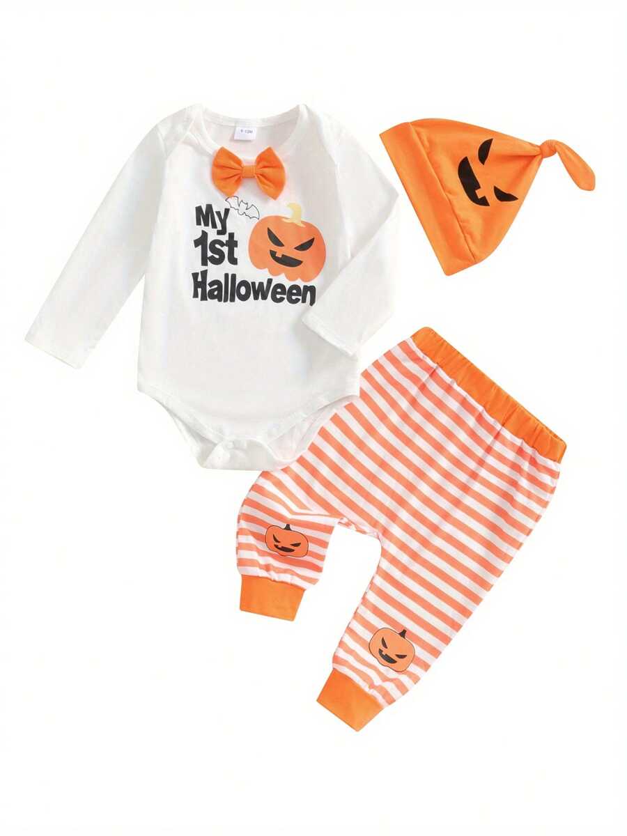 Baby Toddler Boy Halloween Outfit, Pumpkin Print Long Sleeve Romper Striped Elastic Waist Pants ...