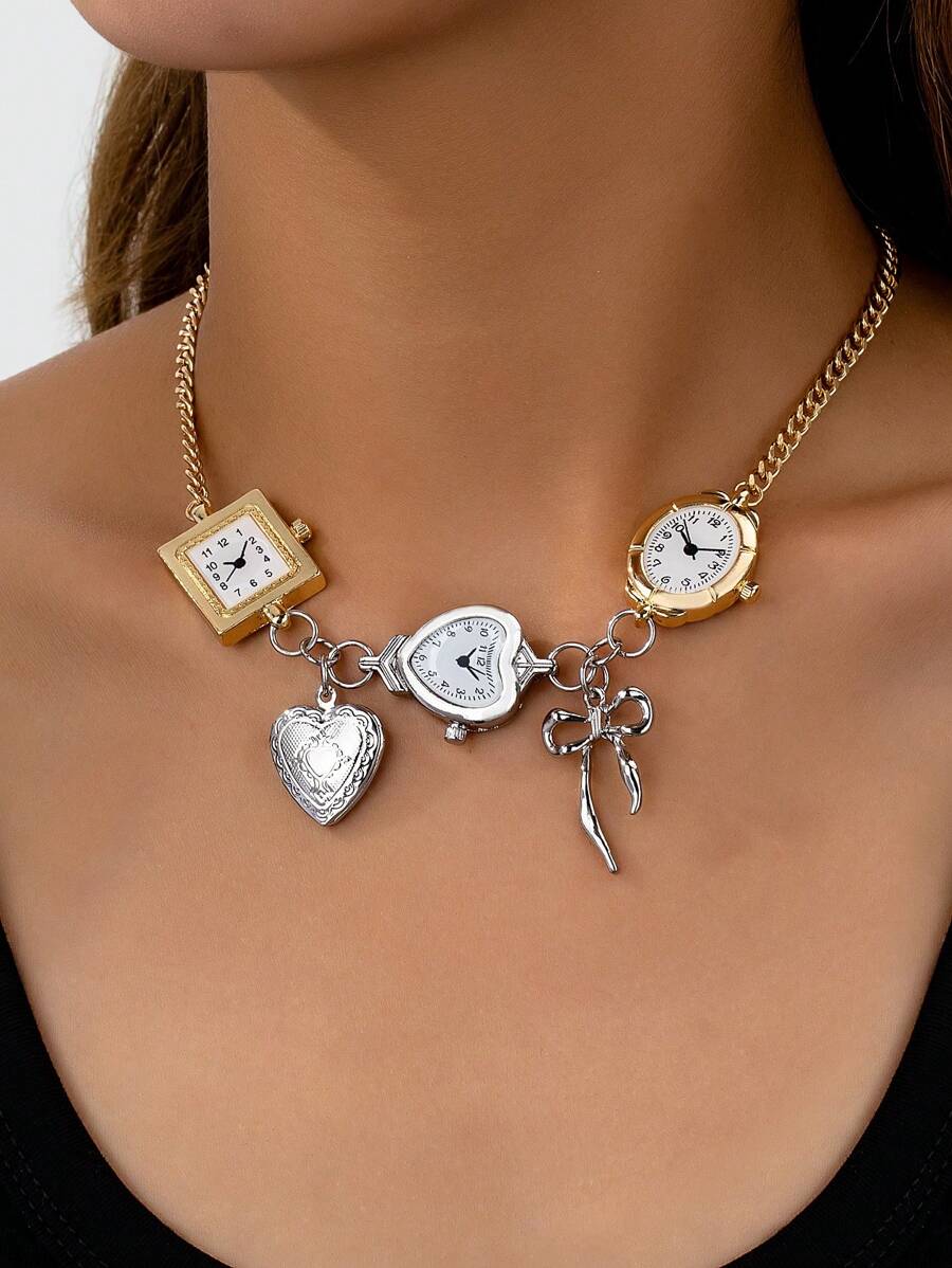 1 Pc Faux Clock Watch Necklace Bow Necklace Heart Locket Necklaces ...