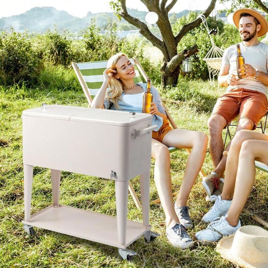 80 QT Patio Rolling Party Cooler On Wheels, Beverage Cart, Rolling Ice ...