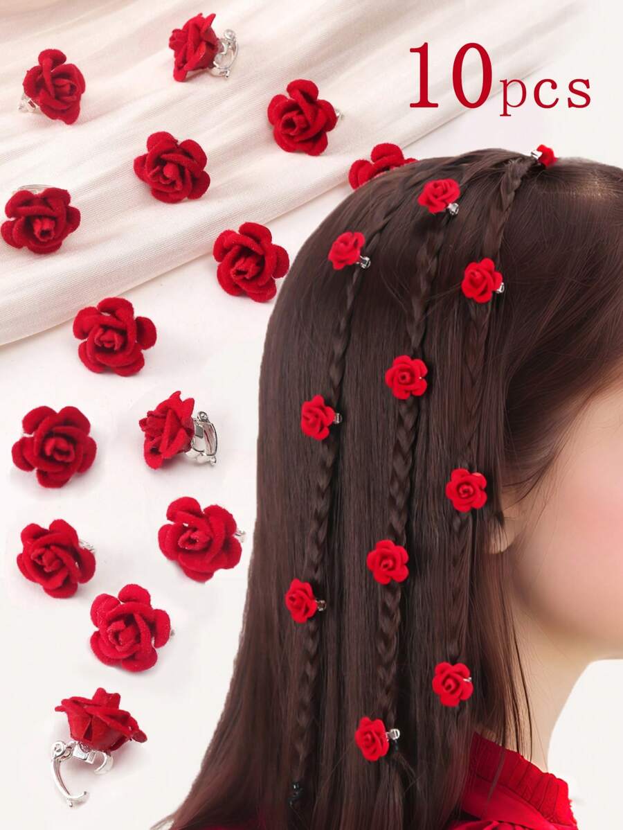 10pcs Girls Fashion Red Rose Hair Clips, White Flower Hair Hoops, Pink ...