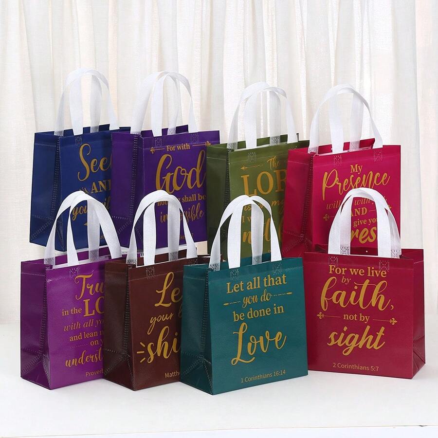 8pcs Non-Woven Inspirational Text Printed Tote Bags, Approx. 23*22*11cm ...