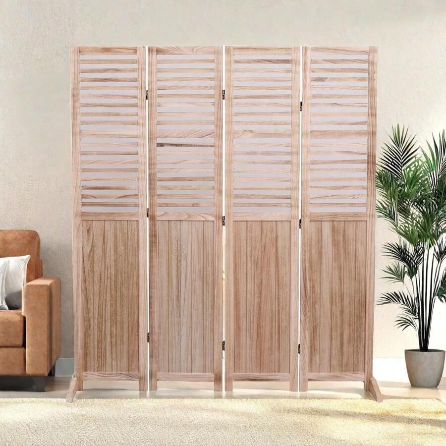 4 Panel Solid Wood Folding Room Divider Hollow Privacy Screen Partition ...