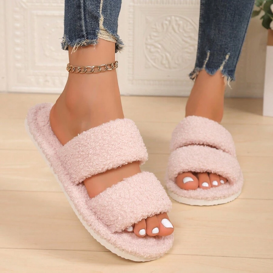 1 Pair Women Plain Color Plush Slippers, Simple Design For Home Use ...