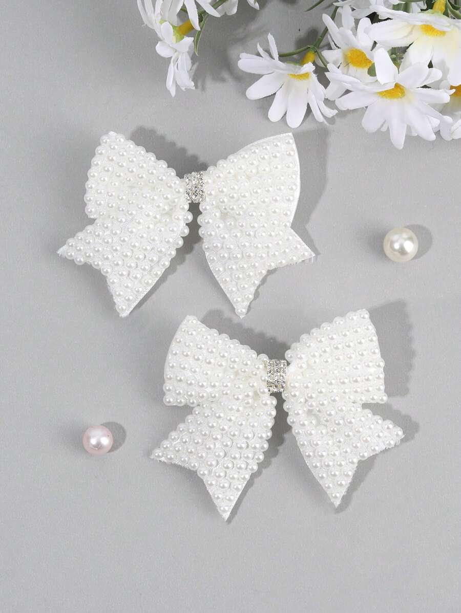 2pcs Pearl Hair Bows For Women Girls White Solid Color Pearl Bow ...