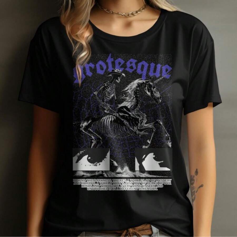Dark Sy Horror Skeleton Cowboy Riding T-Shirt, Grotesque Illustrated ...