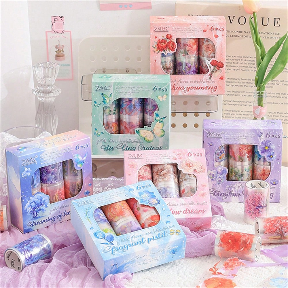 6 Rolls Flowers Stickers Roll ,Transparent PET Floral Tape Handbook ...