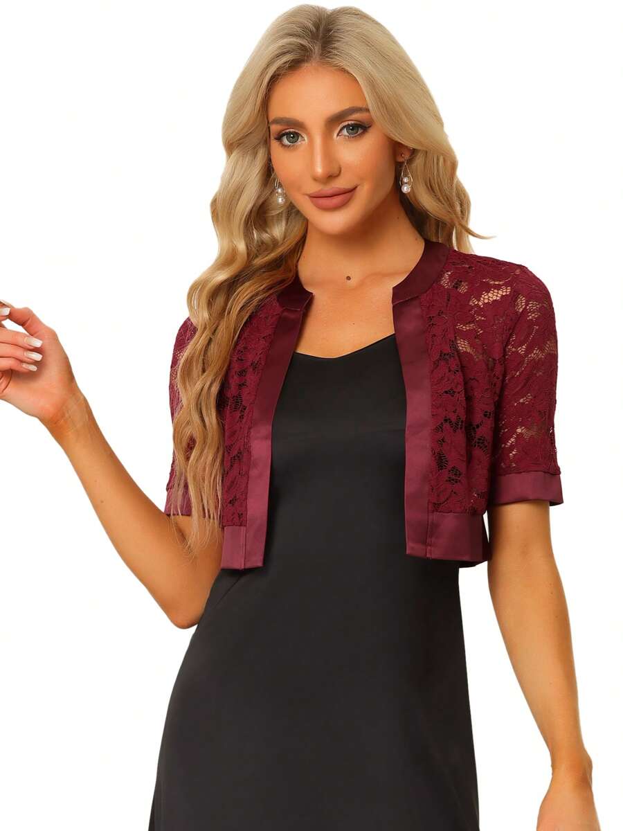 Women's Bolero Shrug Satin Panel Short Sleeve Lace Cardigan | SHEIN USA