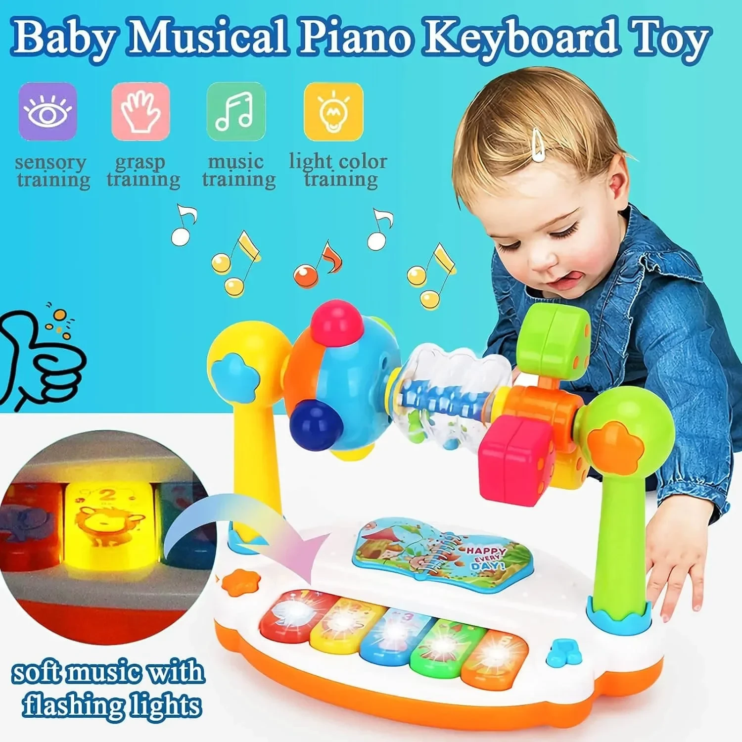 Baby Piano Toys Kids Rotating Music Keyboard Light Sound, Musical Toy ...