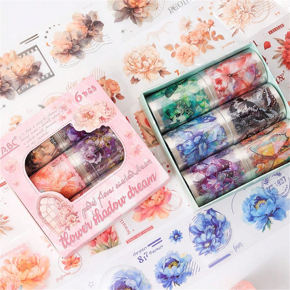 6 Rolls Flowers Stickers Roll ,Transparent PET Floral Tape Handbook ...