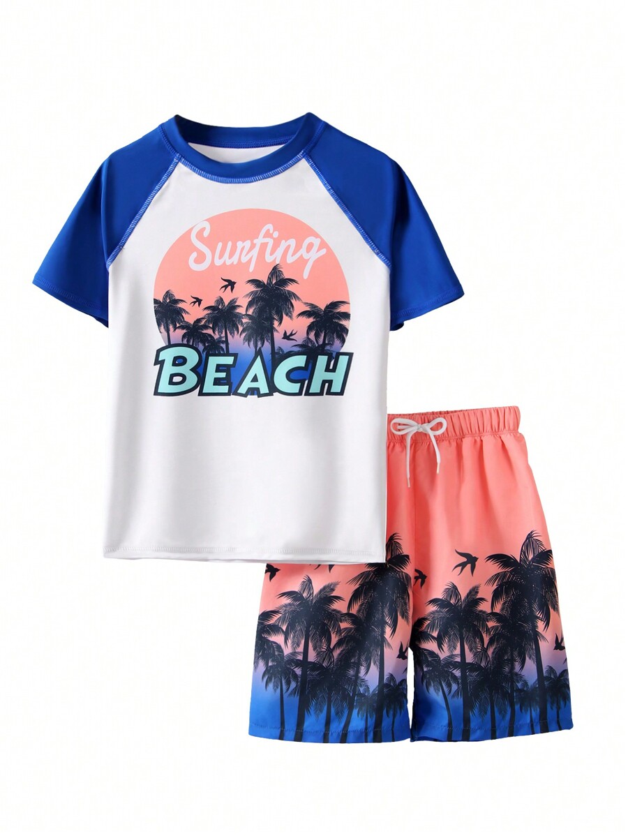 Boys Two Piece Rash Guard Swimsuits Kids Short Sleeve Sunsuit Swimwear ...