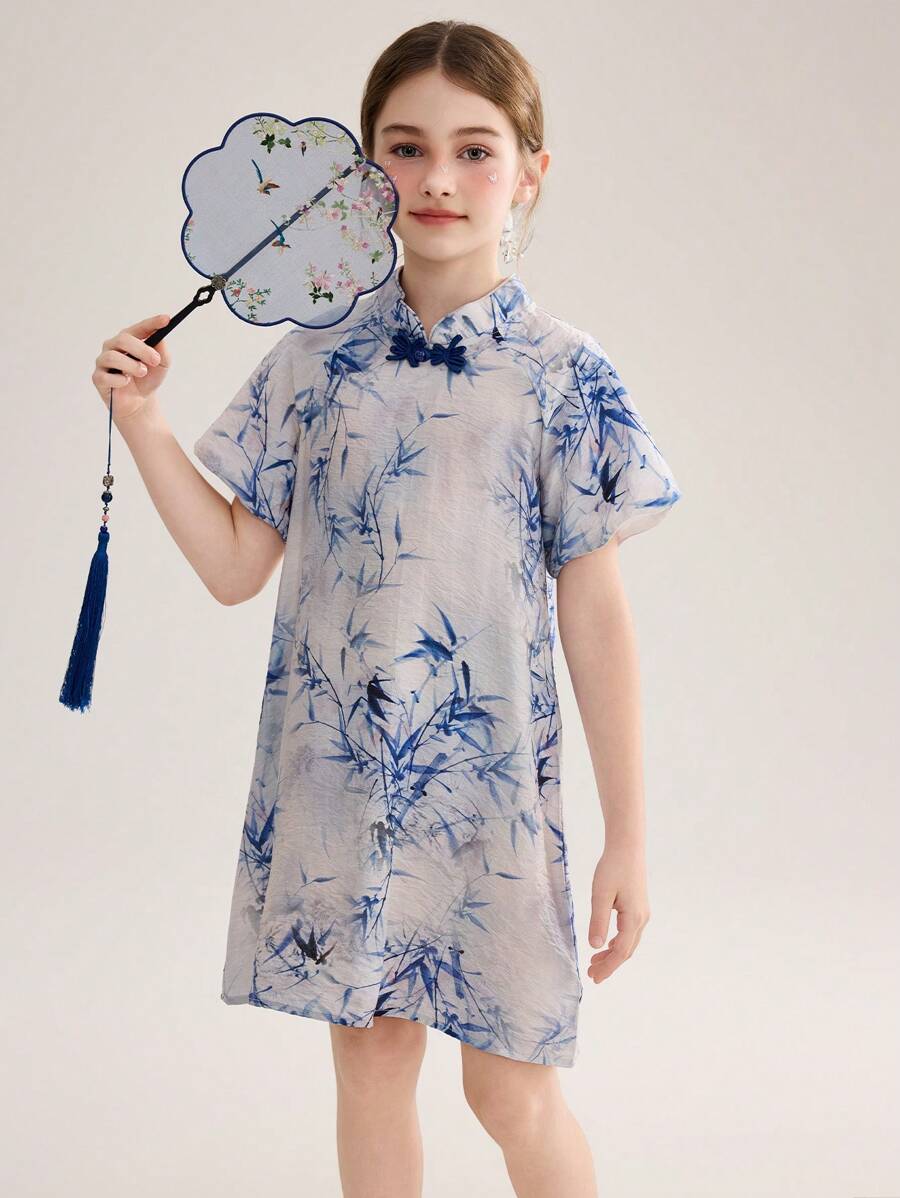 ASK JUNIOR Vestido com Gola Mandarim Estampa de Bambu para Meninas Pré ...