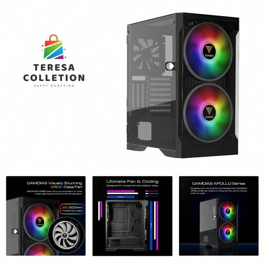 Gaming Case Mid Tower ATX 2 X 200mm ARGB Fan Trapezoidal Tempered Glass ...