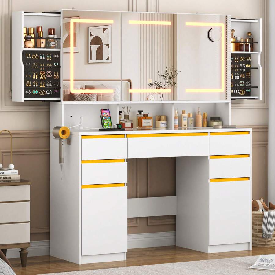 47 Inch Large Vanities W/Mirror&Outlet,Temper Glass Top,LED Lighted ...