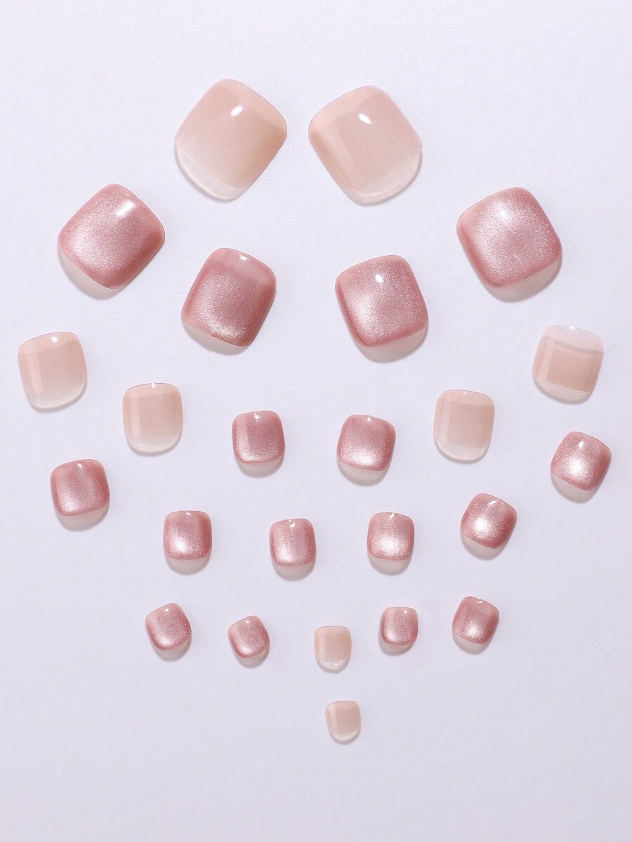 24pcs Square Toe Nail Tips, Pink Crystal Cat Eye Press-On Nail Kit With ...