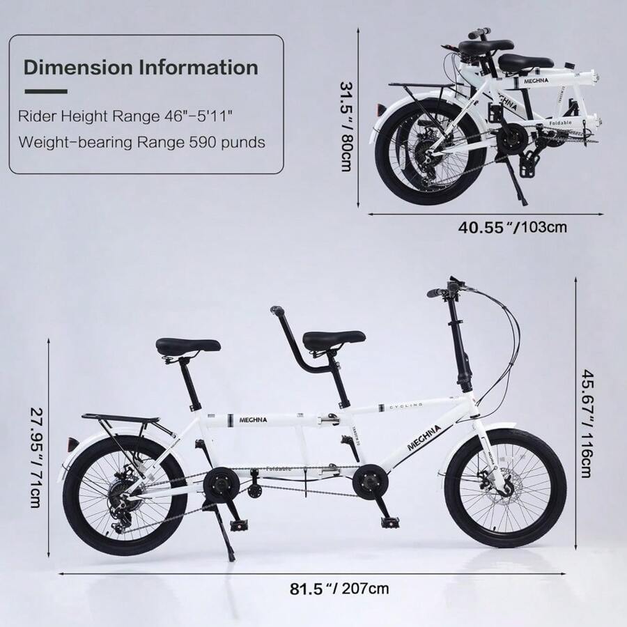 Adult Tandem Bike - City Tandem Folding Bicycle, Foldable Tandem Adult Beach Cruiser Bike With 7 ...