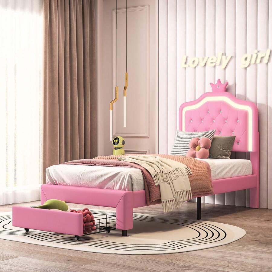 Creahappy Upholstered Bed - Single Bed - With LED Lighting - Drawers ...