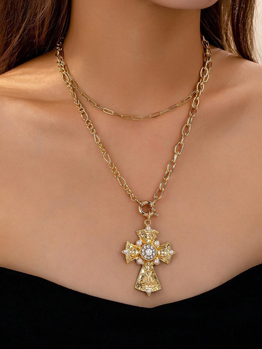 Women Cross Necklaces Set Layering Curb Chain Necklaces Faux Pearl ...