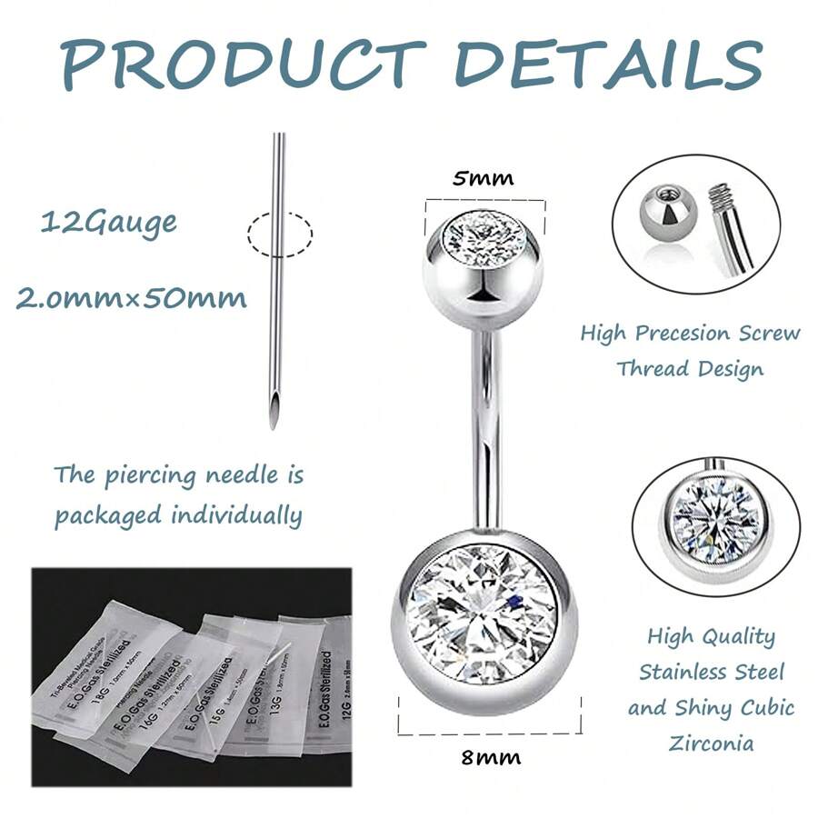 Belly Button Piercing Kit, 12g Piercing Needle Kit Stainless Steel ...