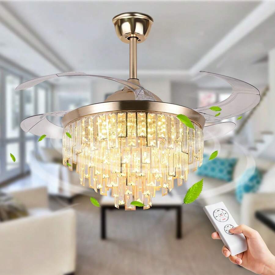 Light Luxury Gold Crystal Ceiling Fan Light With Adjustable LED ...