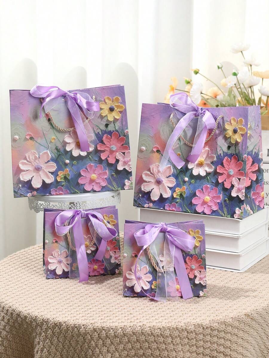 2Pcs Small/Medium Purple Spring Flowers Gift Bags With Ribbon Bows ...