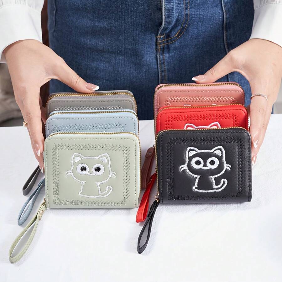 Women's Cute Cat Embroidery Wallet Multifunctional Fashion Mini Purse ...