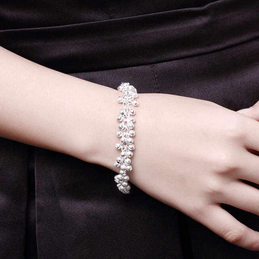 925 Silver Plated Matte Full Beads Ball Chain Bracelet For Women ...