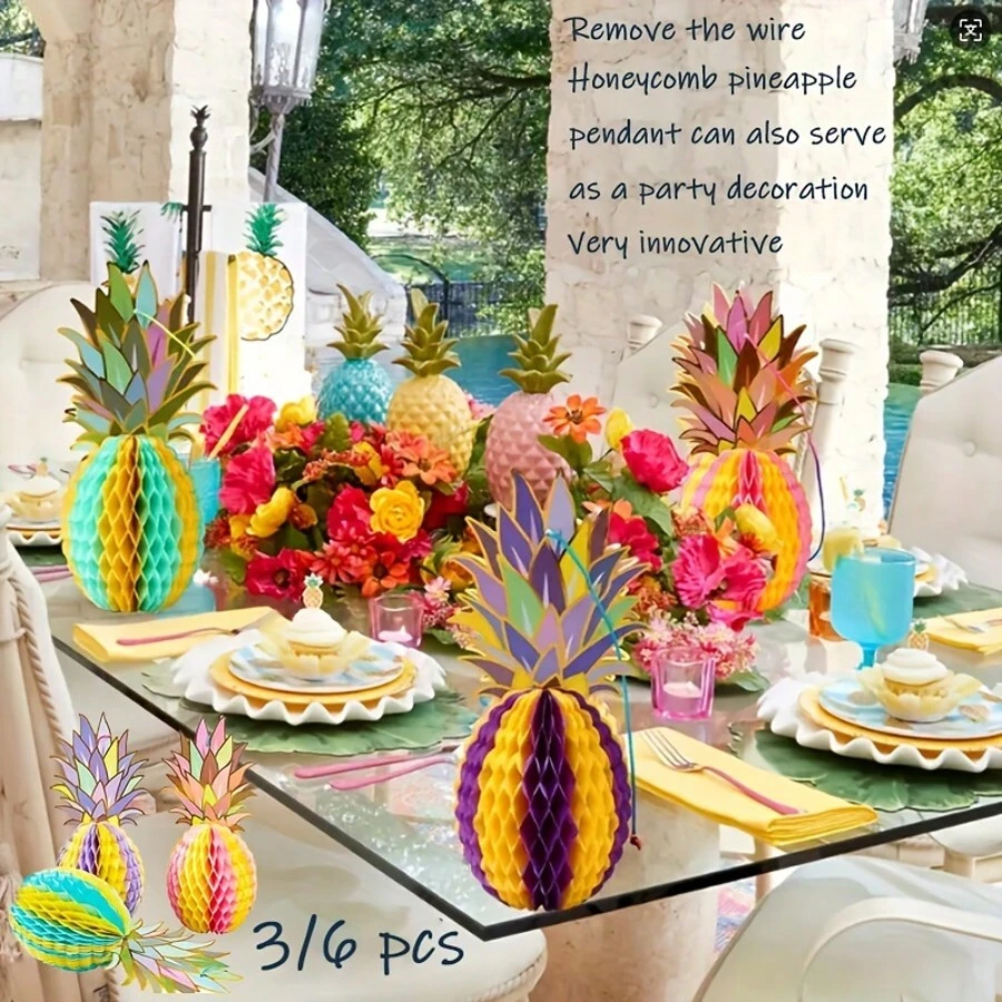 3/6pcs Paper Pineapple Honeycomb Decorations, 3 Styles - Tropical ...
