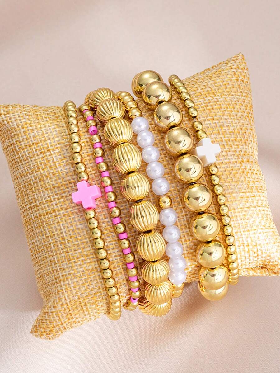 6pcs Women's Gold Colored Beaded Bracelets Set, Non-Fading Golden Chain ...