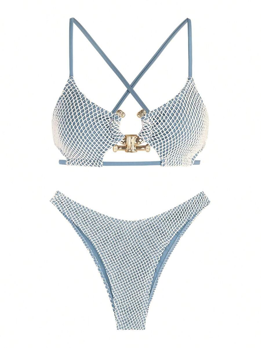 Women's Cutout Bikini Criss Cross Textured Metal High Leg Bikini Sets Cheeky Bikini Two Piece ...
