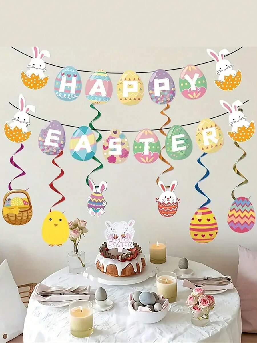 1pc Happy Easter Banner And Spiral Hanging, Cute Colorful Bunny Ceiling ...