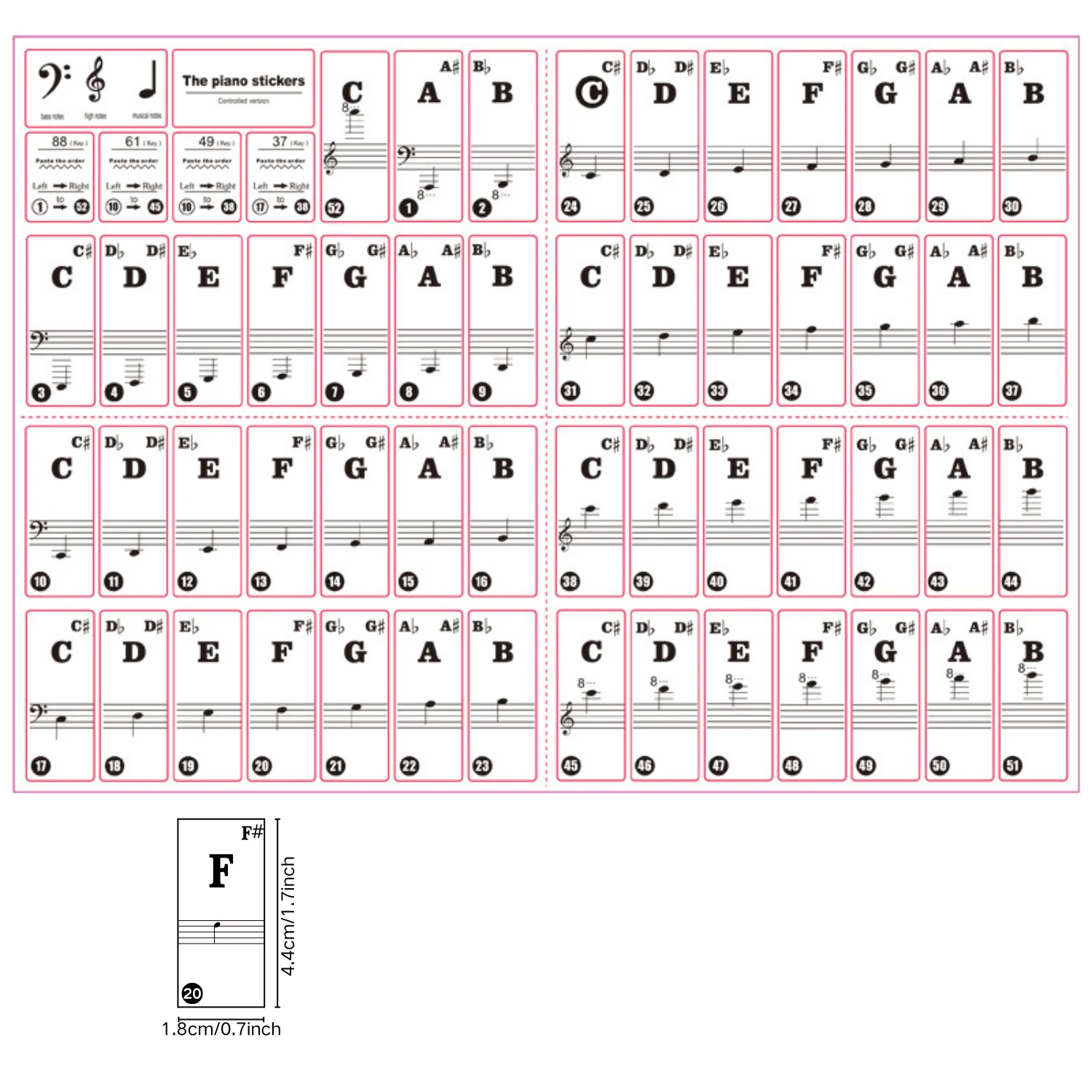 88/61/54/49 Keys Piano Keyboard Stickers, E-Piano Sheet Music Stickers ...