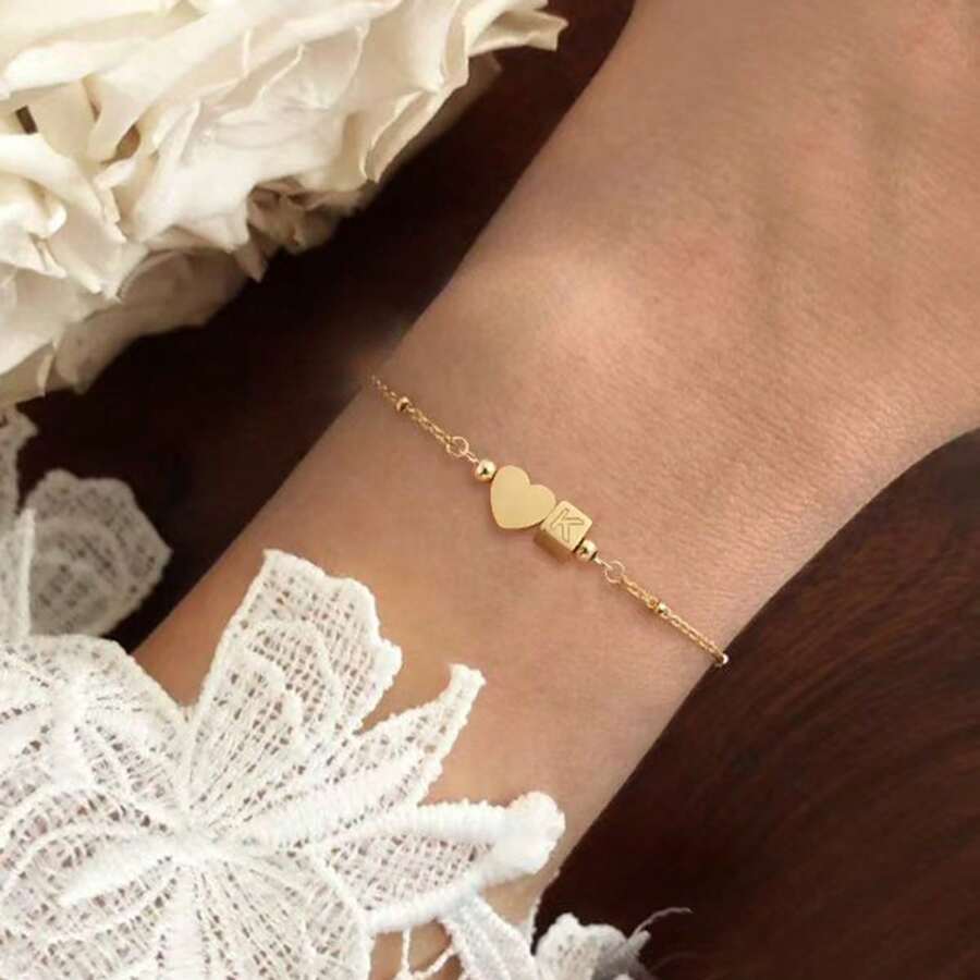 1pc New Classic Cube Initial Heart Gold Color Simple Stainless Steel ...