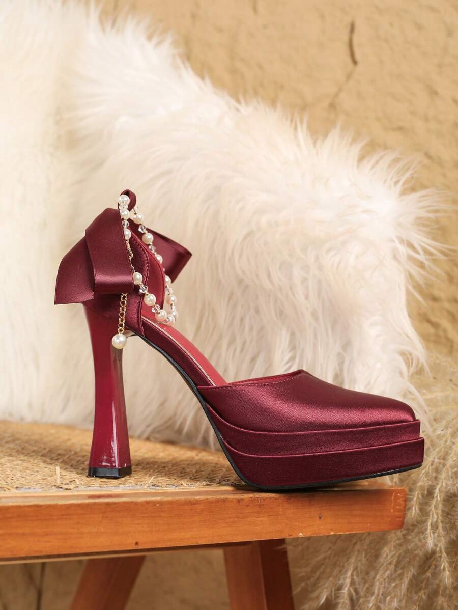 Wine Red Pearl Bow Tie High Heel Waterproof Platform Bridal Wedding ...