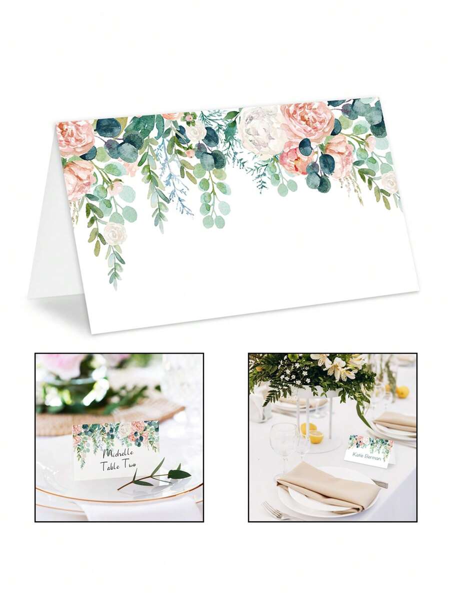 50pcs/20pcs/1pc-Green Leaf Watercolor Place Cards For Weddings Or ...