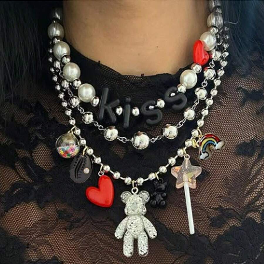 manbara Zwarte Letter Alfabet KISS Ketting Zilveren Vergulde Parel ...