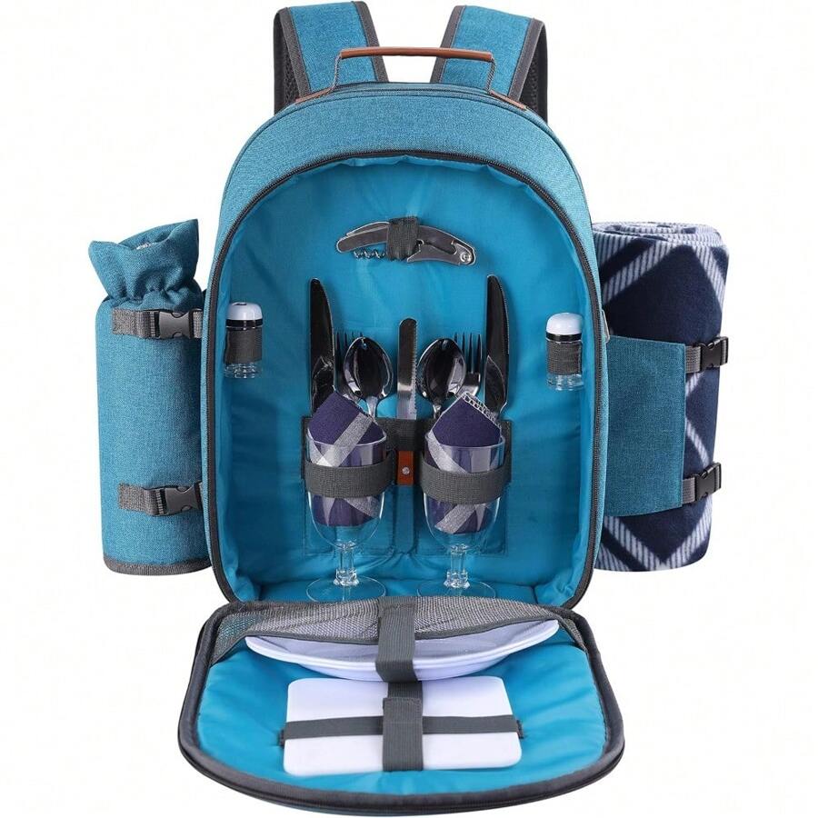 Picnic Backpack Set For 2 Person With Cooler Compartment, Detachable ...