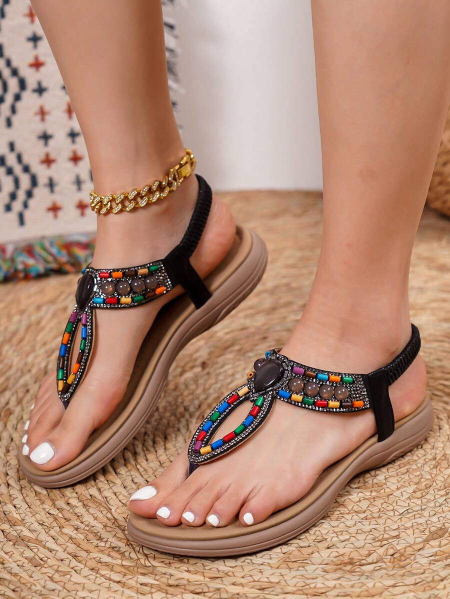 Sandales plates tongs ornées de strass pour femmes 2025, design à bout ...