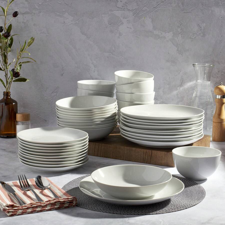 Tabletops Gallery 40 Piece White Catering Dinnerware Set Round Dinner ...