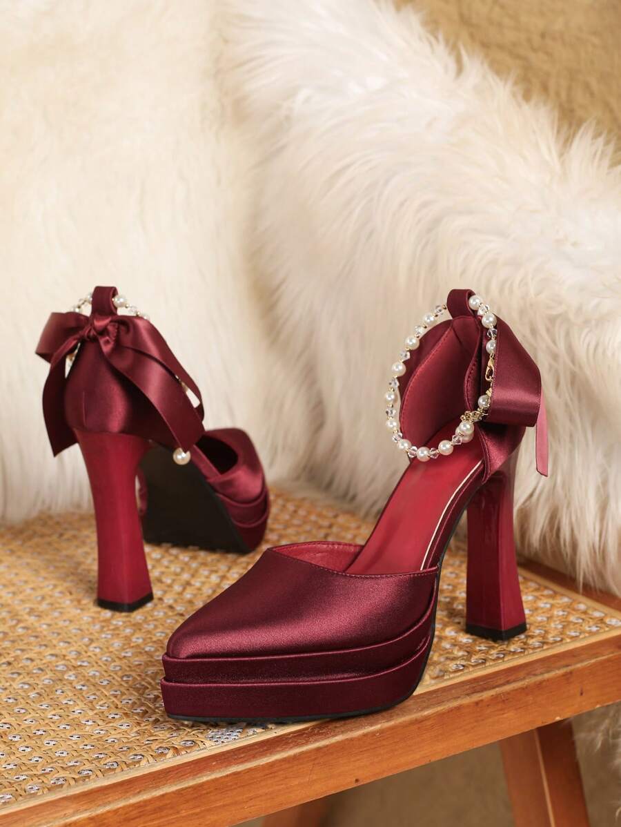 Wine Red Pearl Bow Tie High Heel Waterproof Platform Bridal Wedding ...