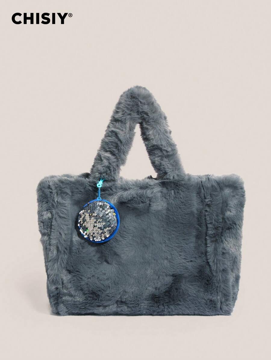 CHISIY 2 PCS Pink Fluffy Tote Bag Ultra Soft Faux Fur Handbag Perfect ...