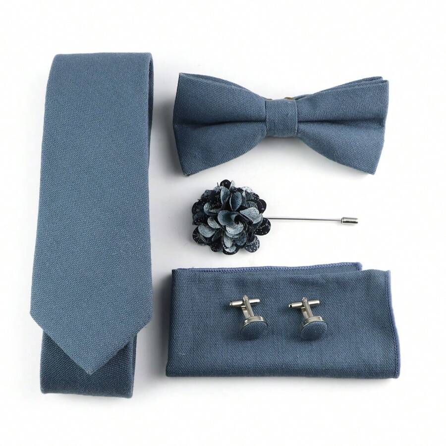 ZONFAZ 5pcs/Set Men's Solid Linen Necktie Combination Set, Including ...